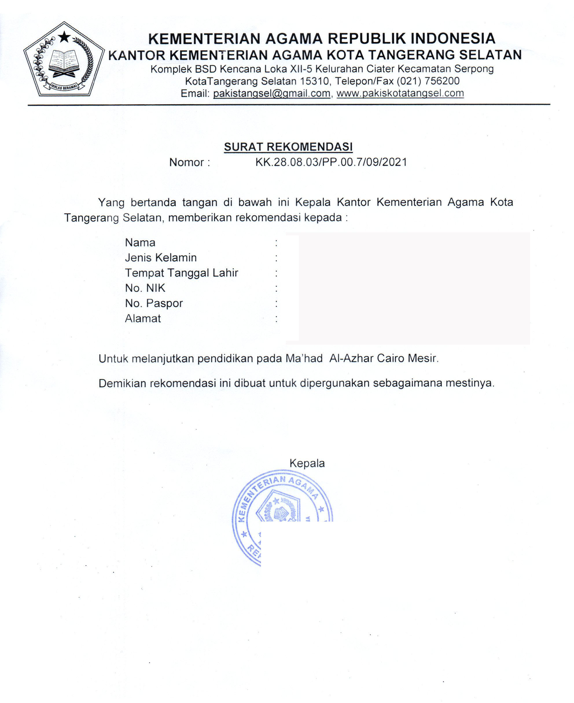 CONTOH SURAT REKOM KEMENAG DAERAH - DAARUL ARIFIN